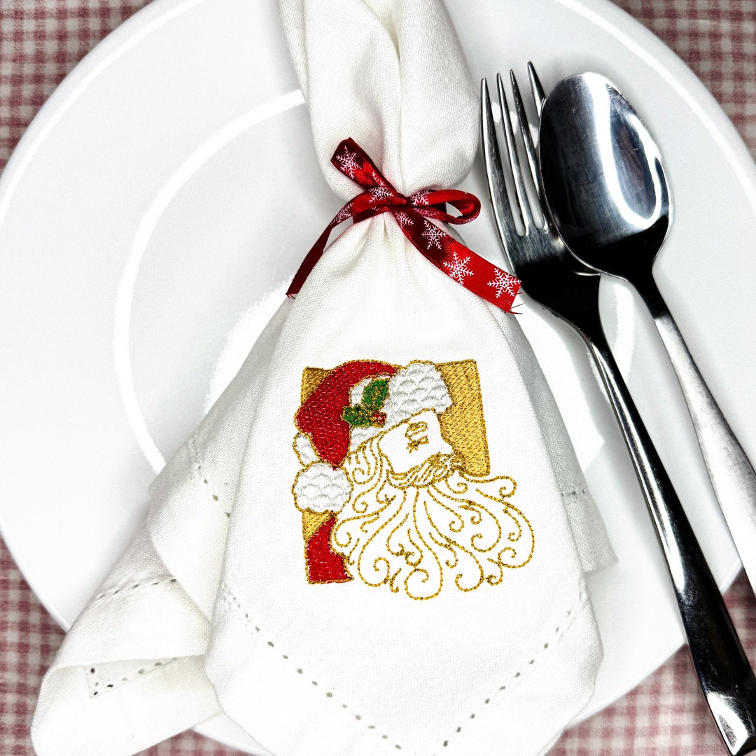 Embroidered Christmas Napkins Set, Vintage Christmas Santa, Cotton ...