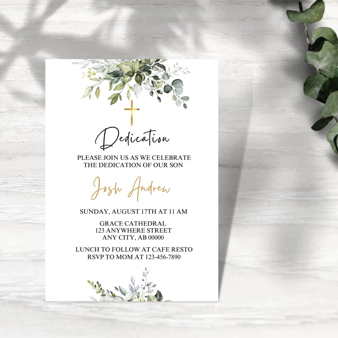 Gold and Green Dedication Invitation Template, Boy Dedication, Gold ...