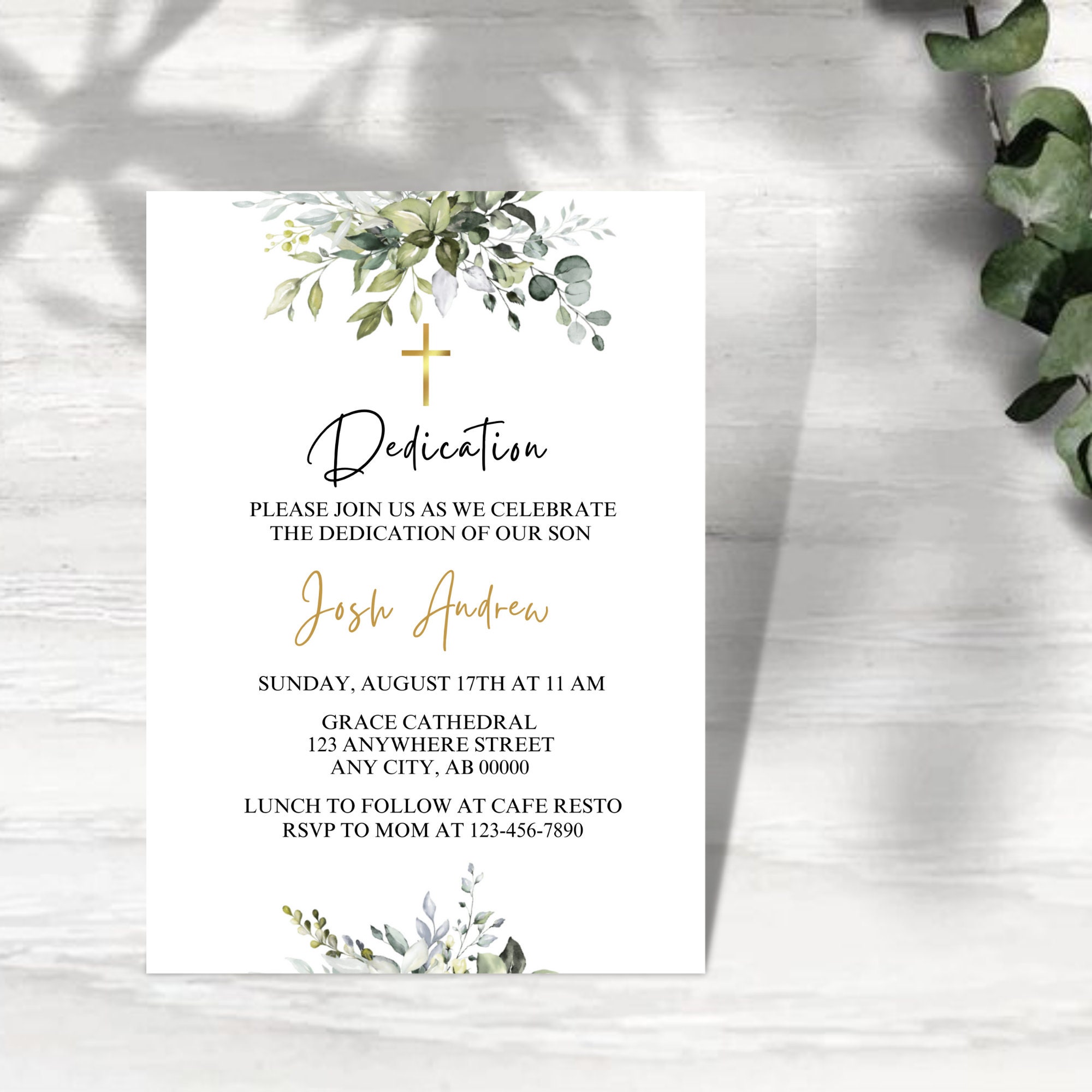 Gold and Green Dedication Invitation Template, Boy Dedication, Gold ...