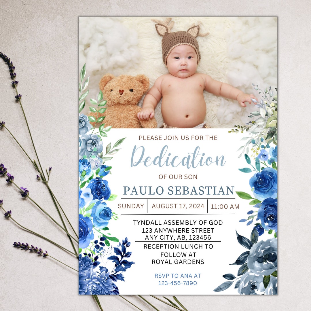 Dusty Blue Dedication Invitation Template, Editable Printable Blue ...