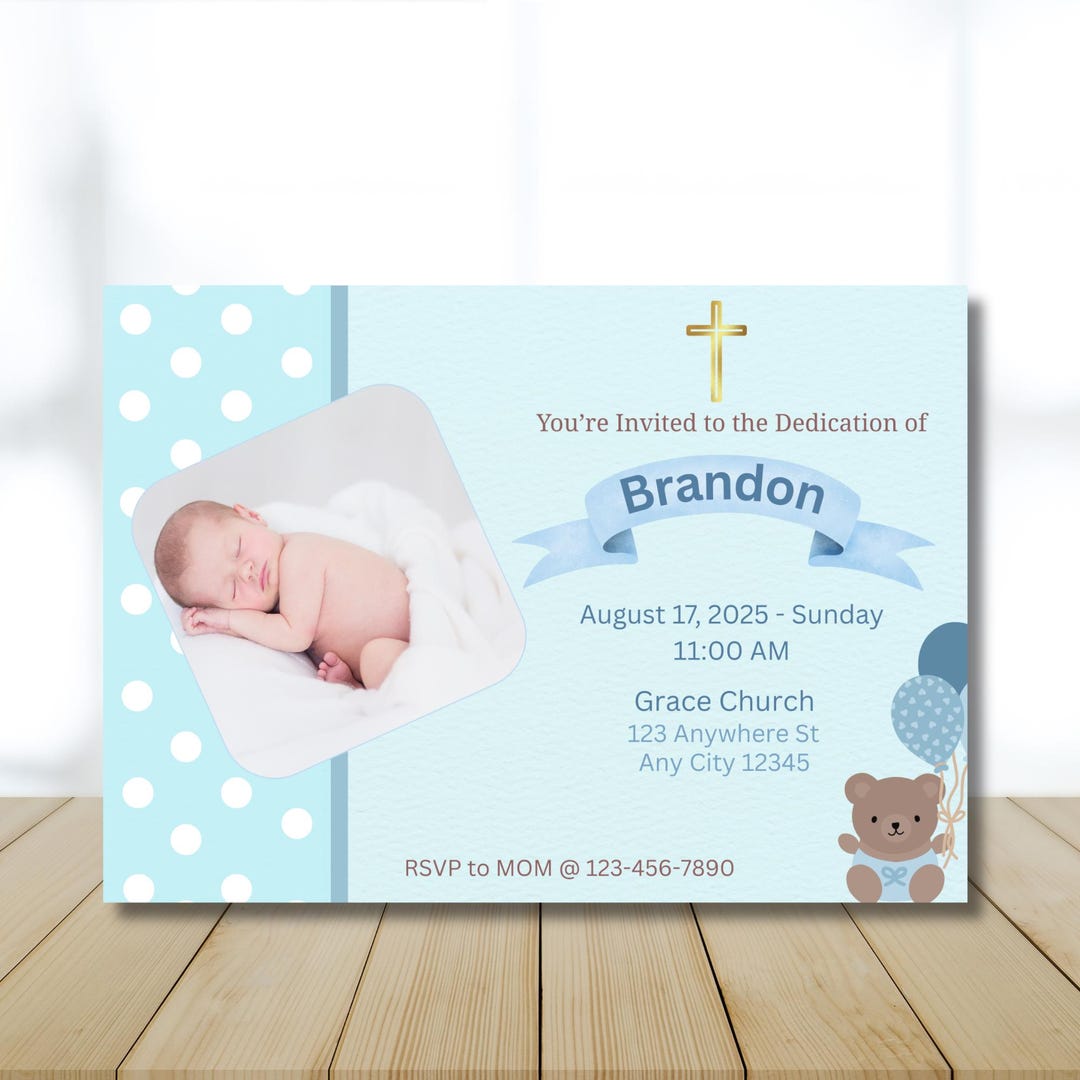 Baby Blue Bear Dedication Invitation, Blue Bear Template, Editable ...