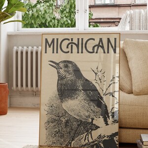 Vintage Michigan Print American Robin Poster Michigan Decor Michigan ...