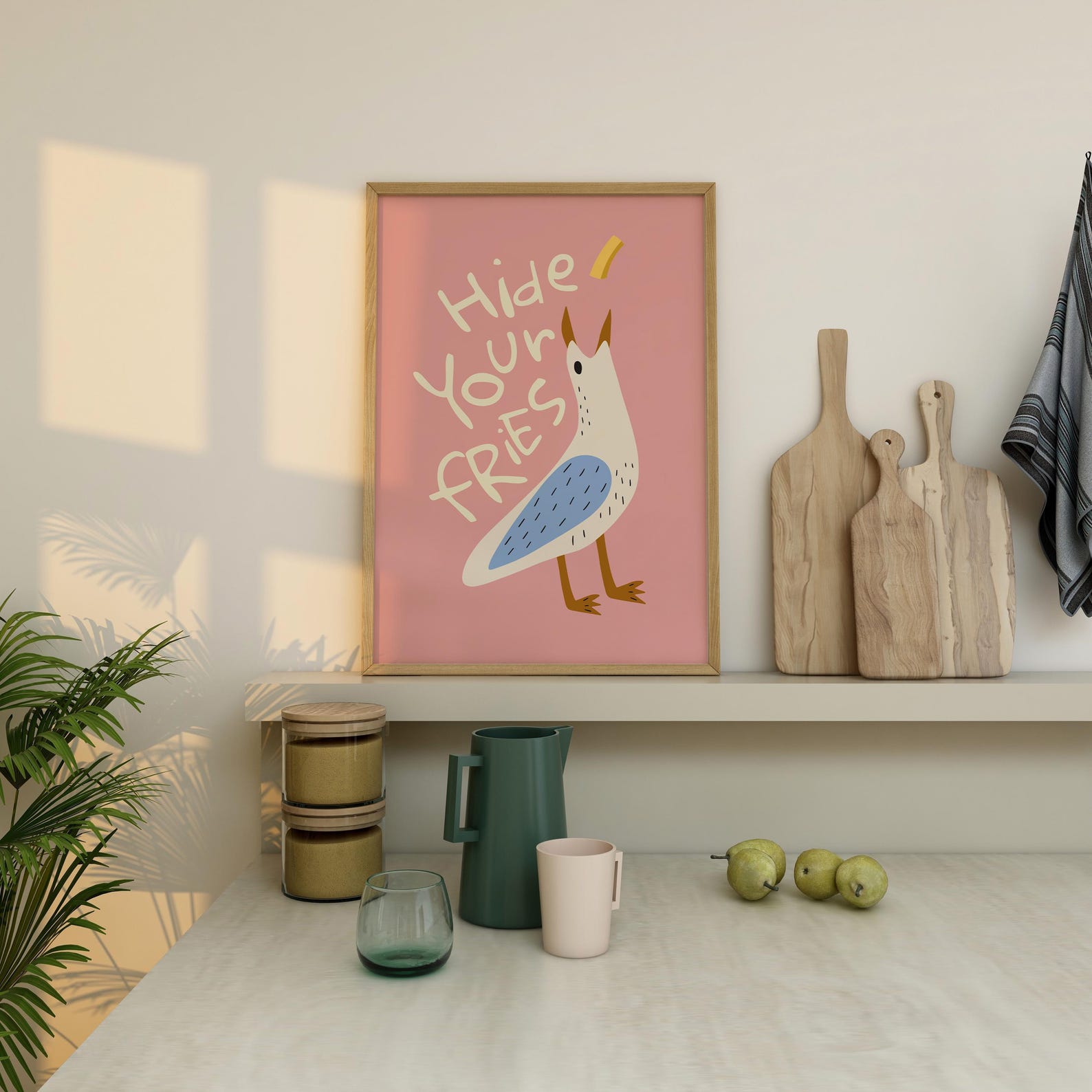 Funny Seagull Print - 'hide Your Fries', Modern Beach House Wall Art ...