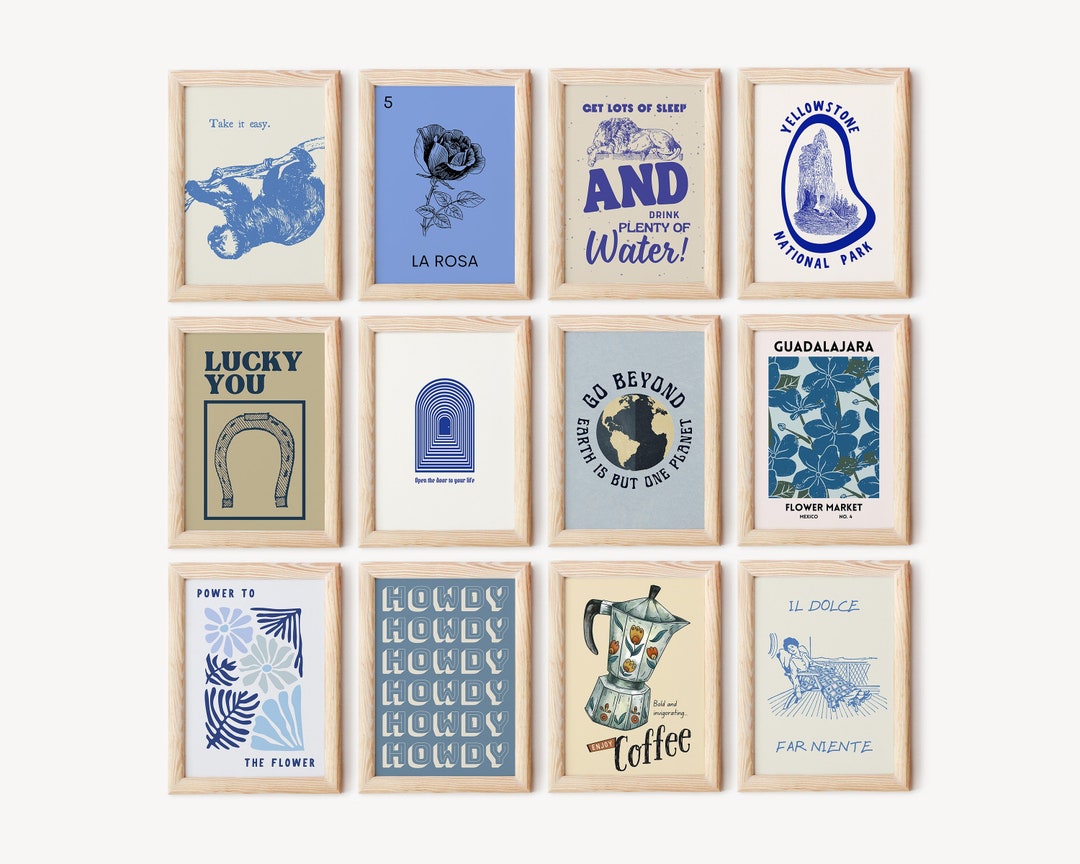 Blue Gallery Wall Art Trendy Retro Art Prints Blue Poster Set Blue ...