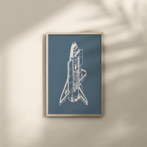Rocketship Blueprint Poster Vintage Outer Space Wall Art Blue Rocket ...