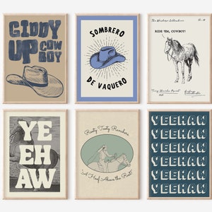 Vintage Western Art Prints Cowboy Art Western Gallery Wall Set Blue ...