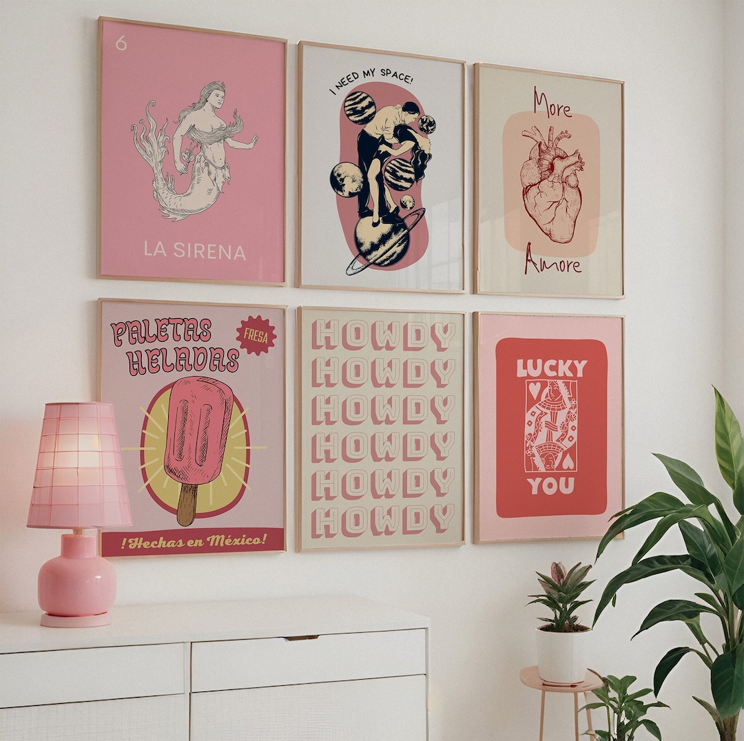 Pink Retro Gallery Wall Art Trendy Pink Poster Set Pink Aesthetic Wall ...