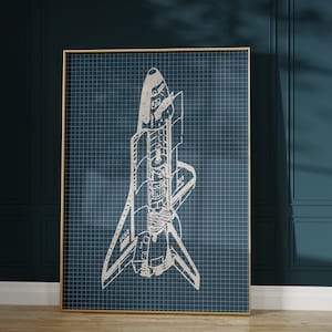Rocketship Blueprint Poster Vintage Outer Space Wall Art Blue Rocket ...