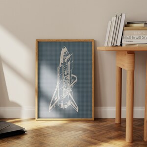 Rocketship Blueprint Poster Vintage Outer Space Wall Art Blue Rocket ...