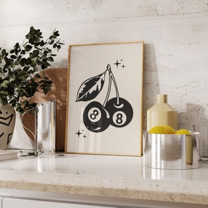 Trendy Retro 8 Ball Cherries Print 8 Ball Decor Bar Cart Print Large ...