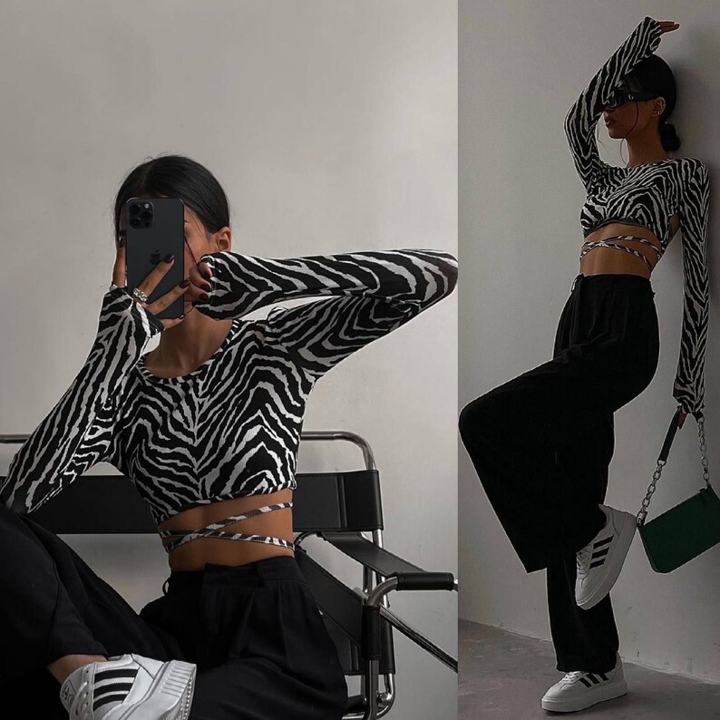 Zebra Print Crop Top Backless Strappy Rib Tie Waist Long - Etsy
