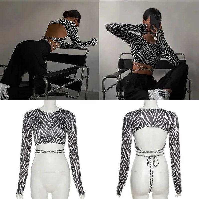 Zebra Print Crop Top Backless Strappy Rib Tie Waist Long - Etsy