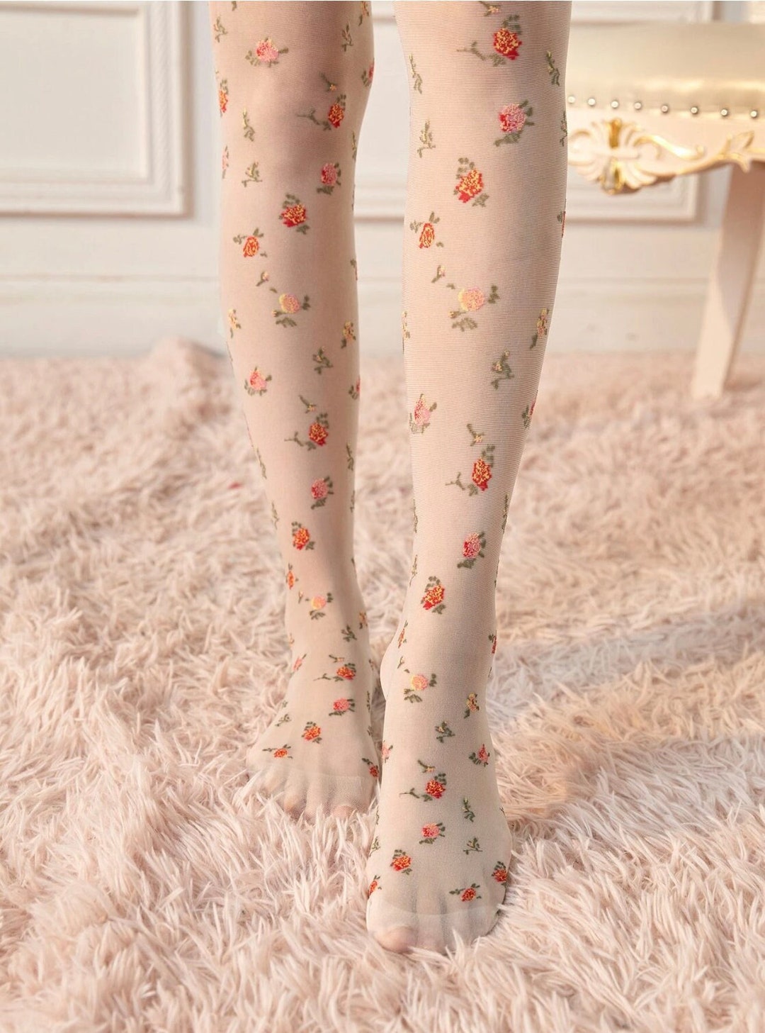 Cute Floral Beige Floral Pantyhose Stockings Tights L Winter - Etsy
