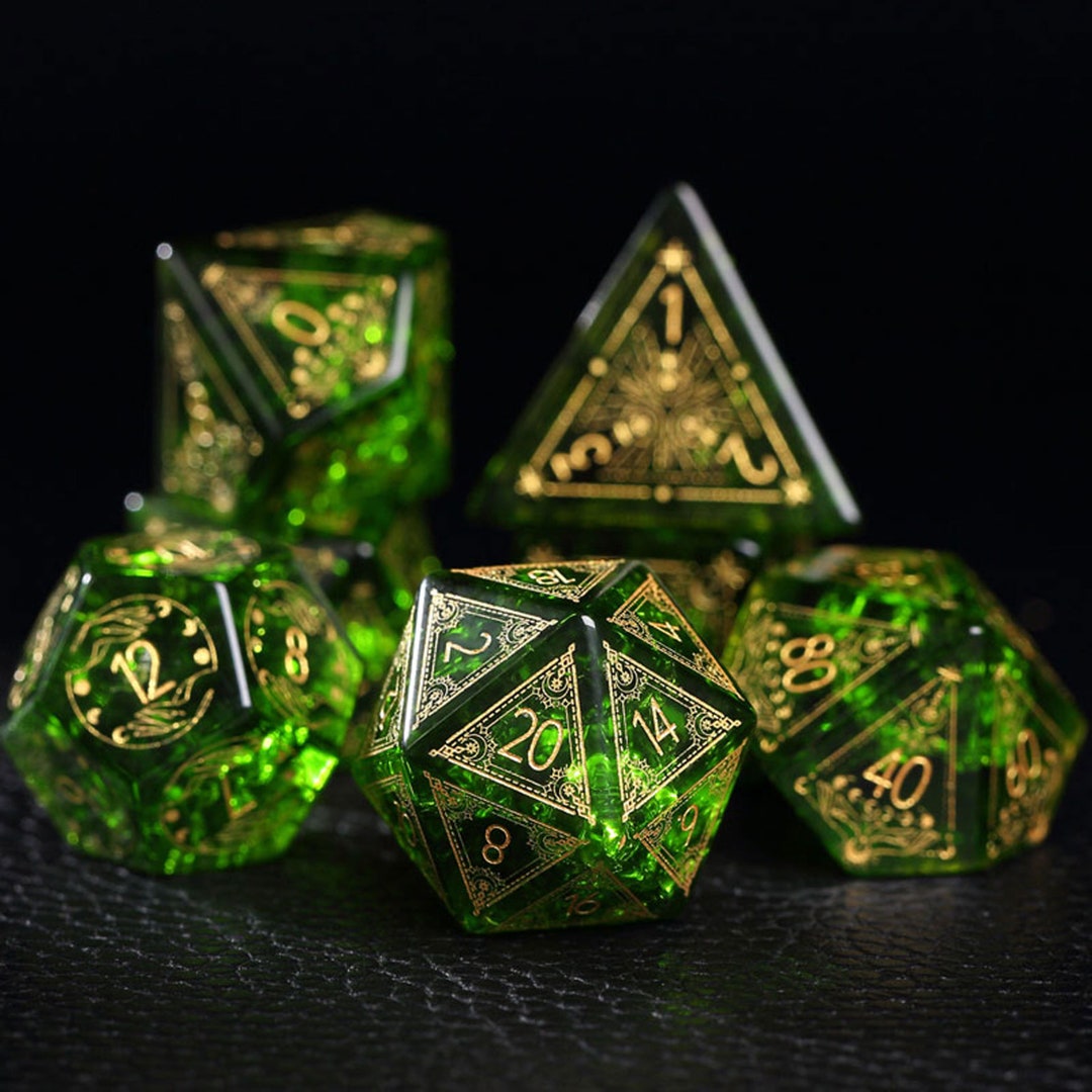 Full Set Explosive Green Glass Polyhedral Dice Set Set Warlock Style ...