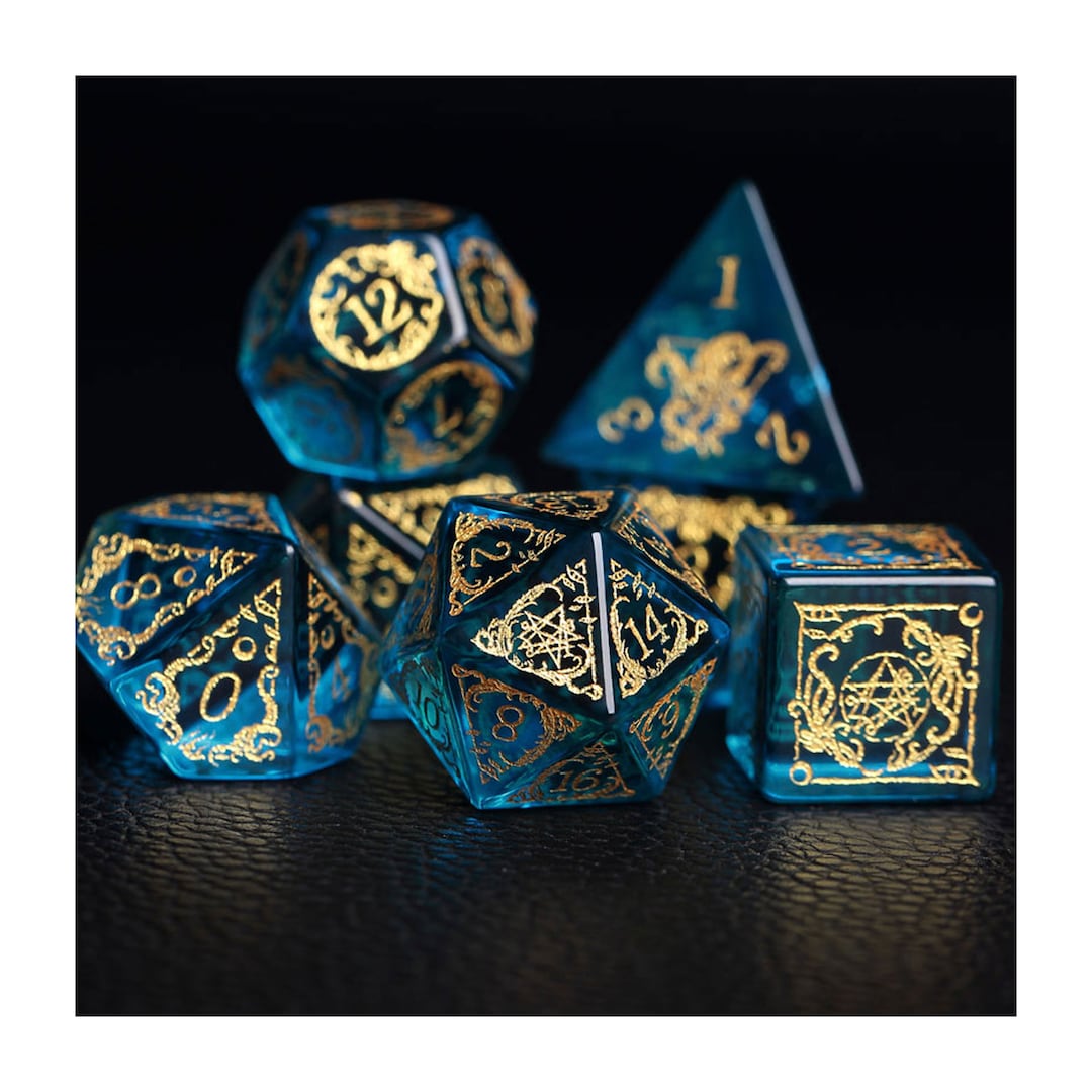 Full Set Explosive Blue Glass Polyhedral Dice Set Set Warlock Style ...