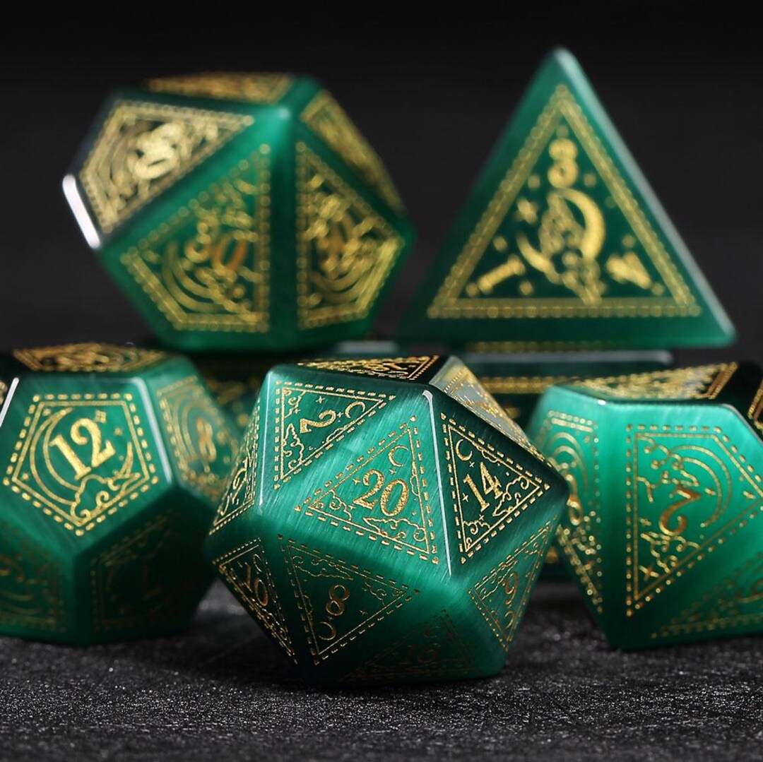 Green Cat's Eye Nebula Gemstone Dice Set: Hand-engraved DND Dice - Etsy