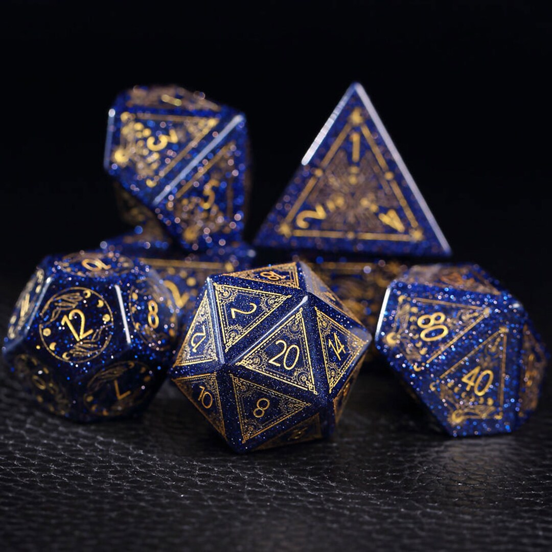 Engraved Blue Sandstone DND Dice Set – Handmade Carving Gemstone for ...