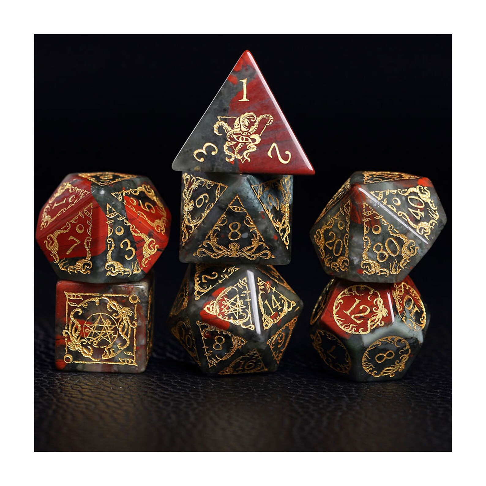 Full Set Bloodstone Polyhedral Dice Set-dungeons and Dragon Raised Dice ...