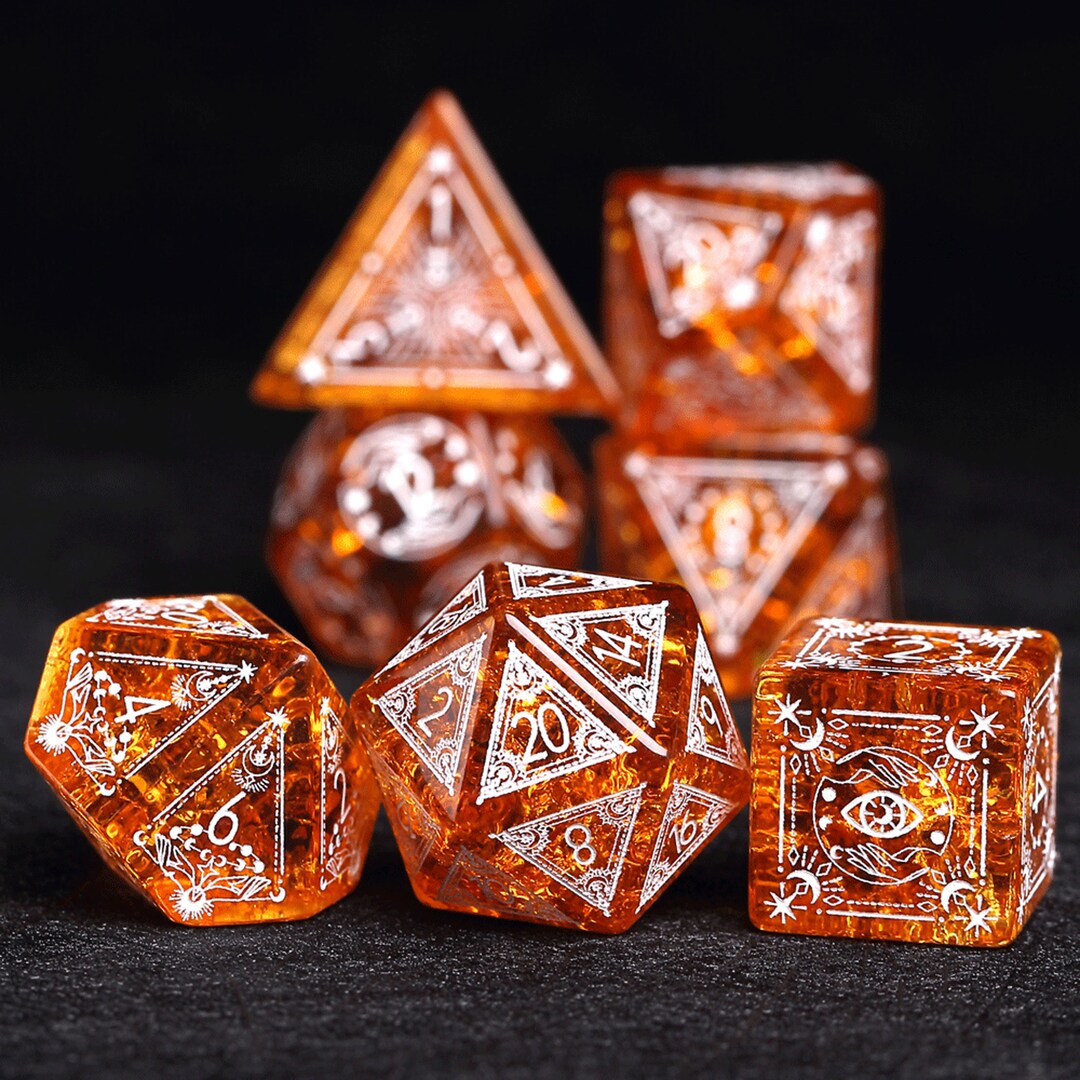 Full Set Explosive Amber Yellow Glass Polyhedral Dice Set Set Warlock ...