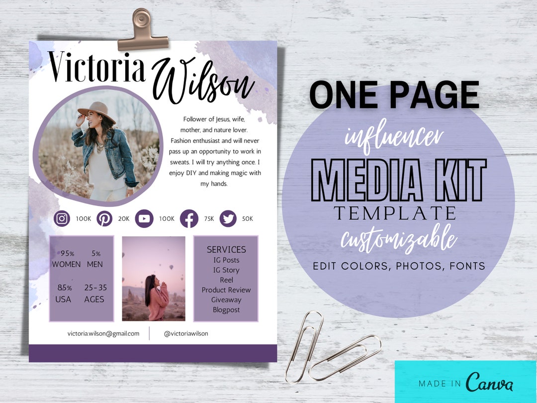 One Page Media Kit Template, Social Media Kit, Influencer Template - Etsy