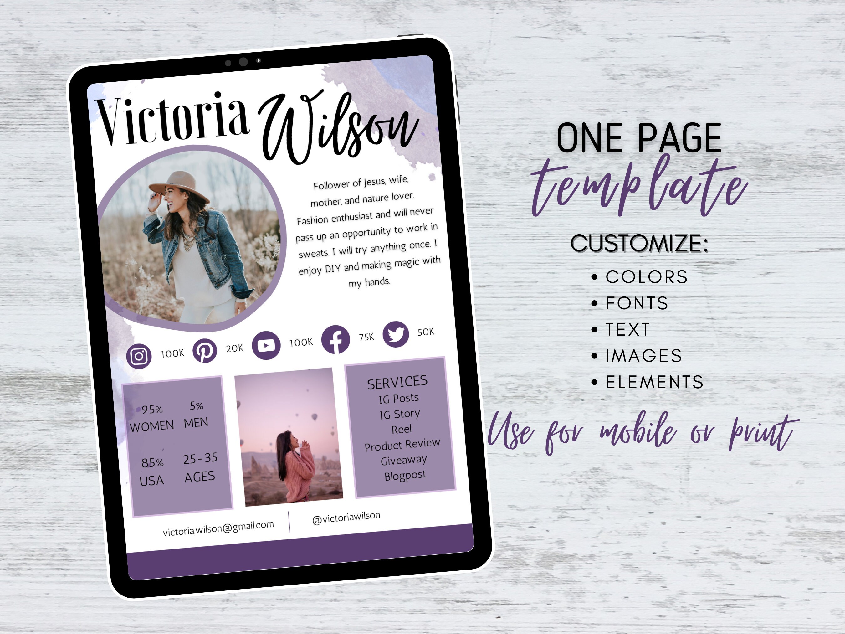 One Page Media Kit Template, Social Media Kit, Influencer Template - Etsy