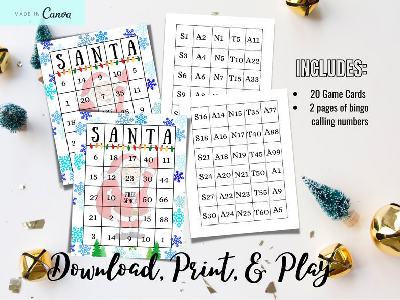 Set of 20 Christmas Santa Themed Bingo Cards, Kids Game, Family Bingo ...