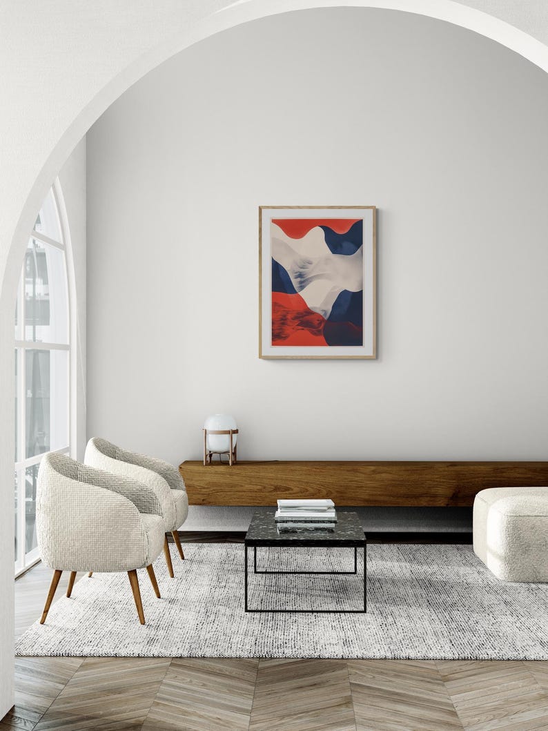 Modern Abstract Print – Red, White & Blue Fluid Art – Minimalist ...