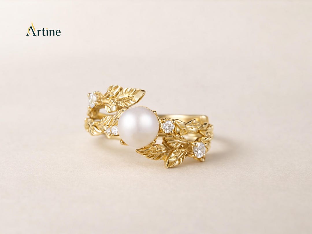 Vintage Gold Pearl Leaf Vine Diamond Inspired Botanical Engagement Ring ...