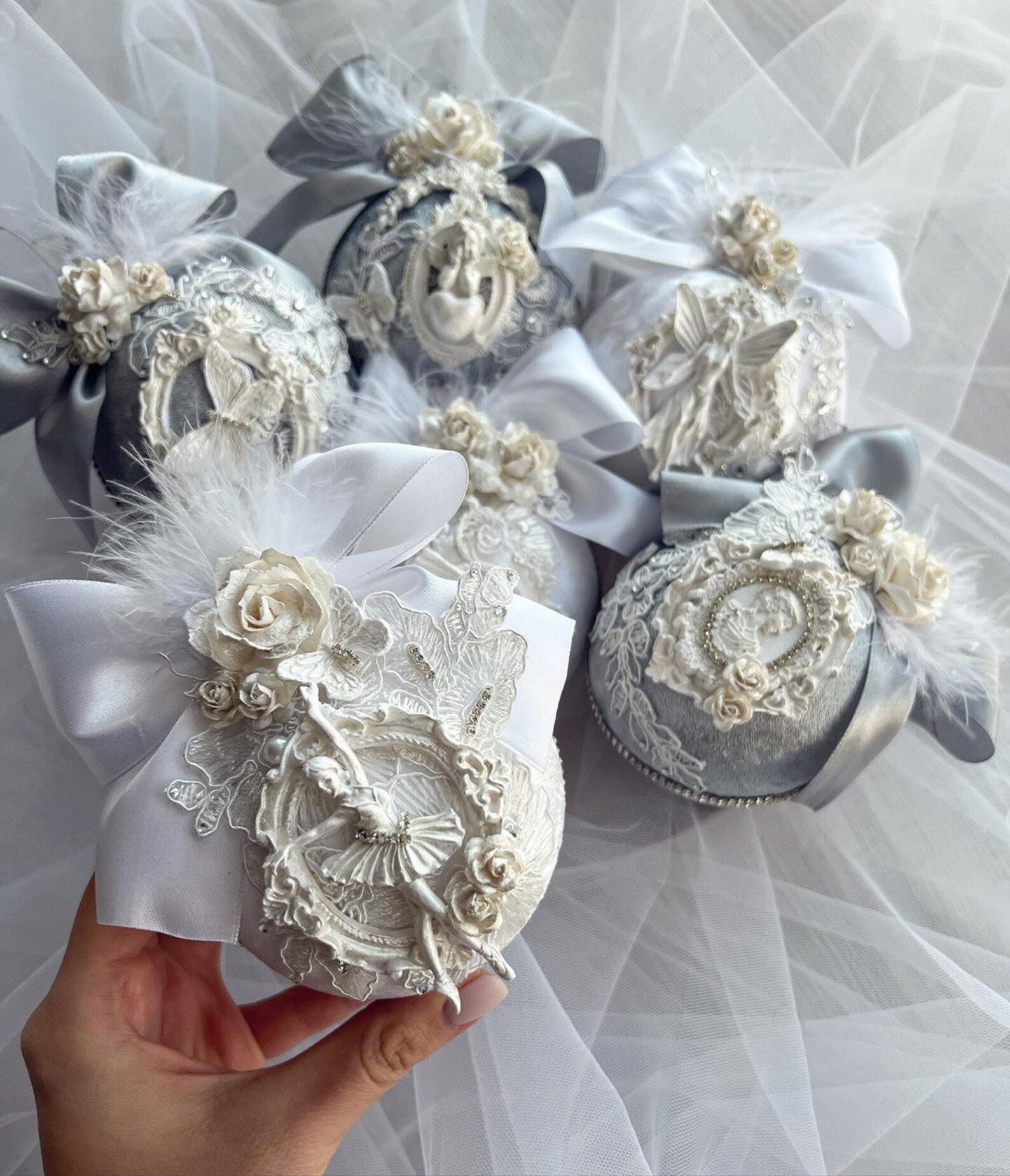 White With Gray Christmas Ornaments Set, Shabby Chic Decor, Velvet ...