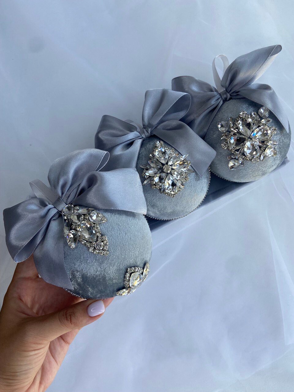 Grey Christmas Rhinestone Ornaments Set, Velvet Christmas Decorations ...