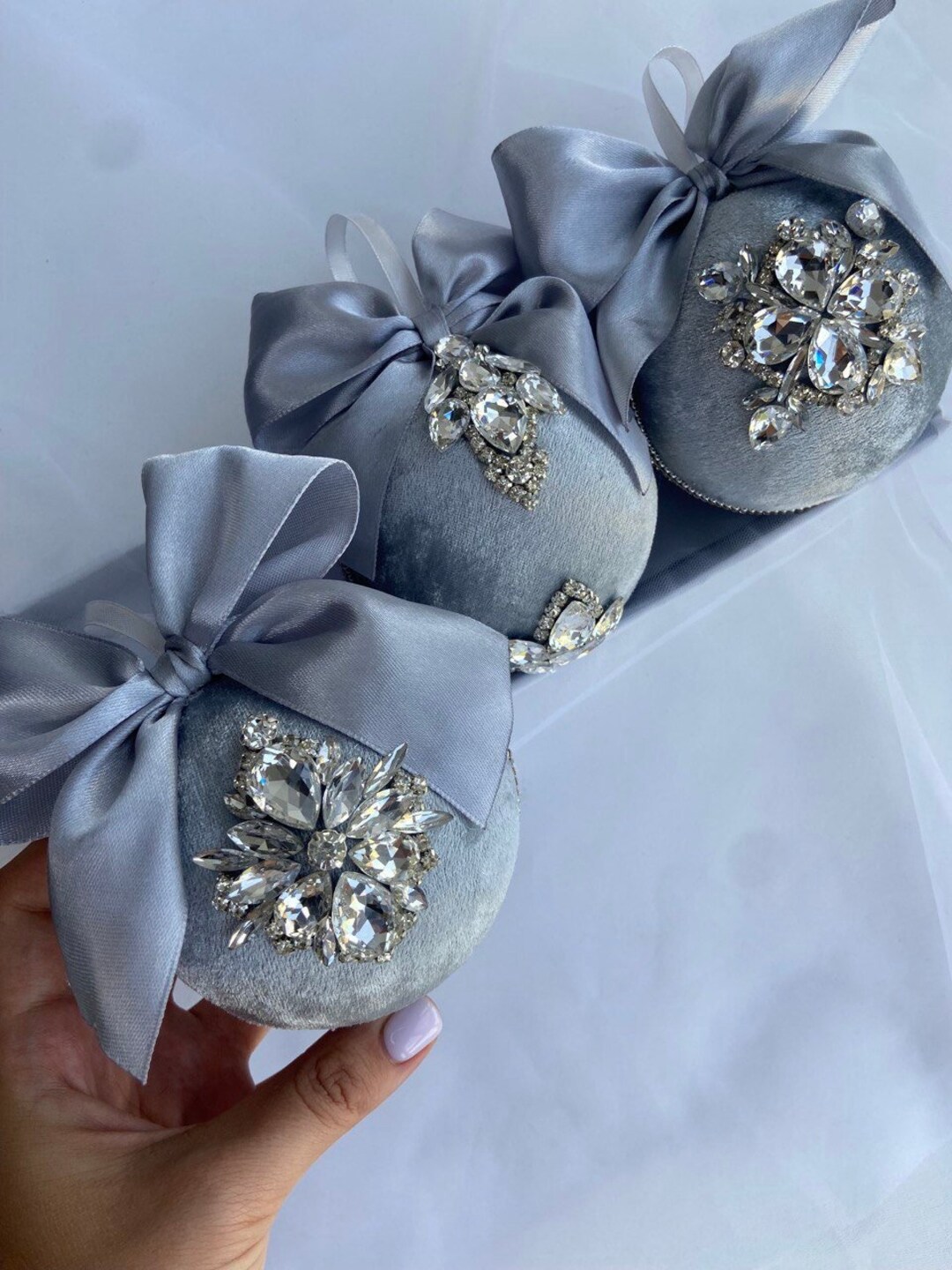 Grey Christmas Rhinestone Ornaments Set, Velvet Christmas Decorations ...