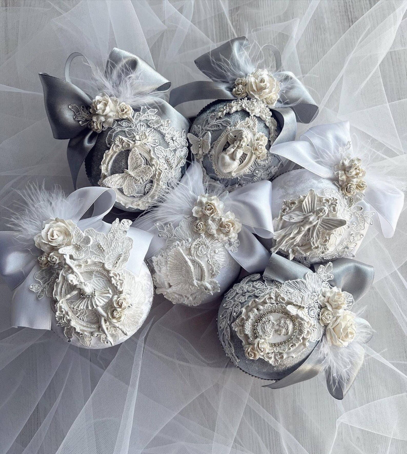White With Gray Christmas Ornaments Set, Shabby Chic Decor, Velvet ...