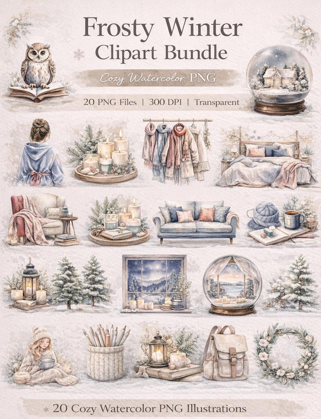 20 Frosty Watercolor Clipart Bundle, Cozy Winter Neutral Planner ...