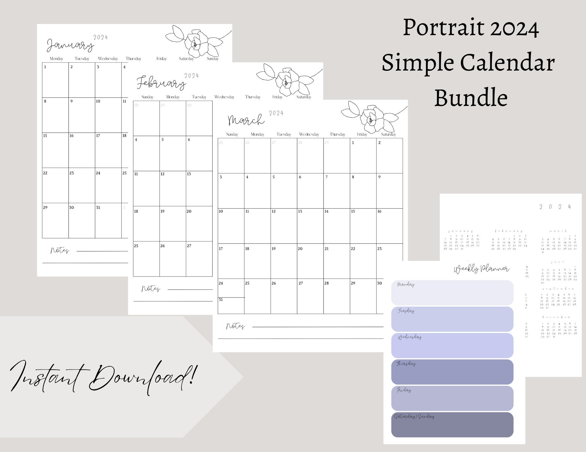 2024 Flower Printable Calendar - Etsy