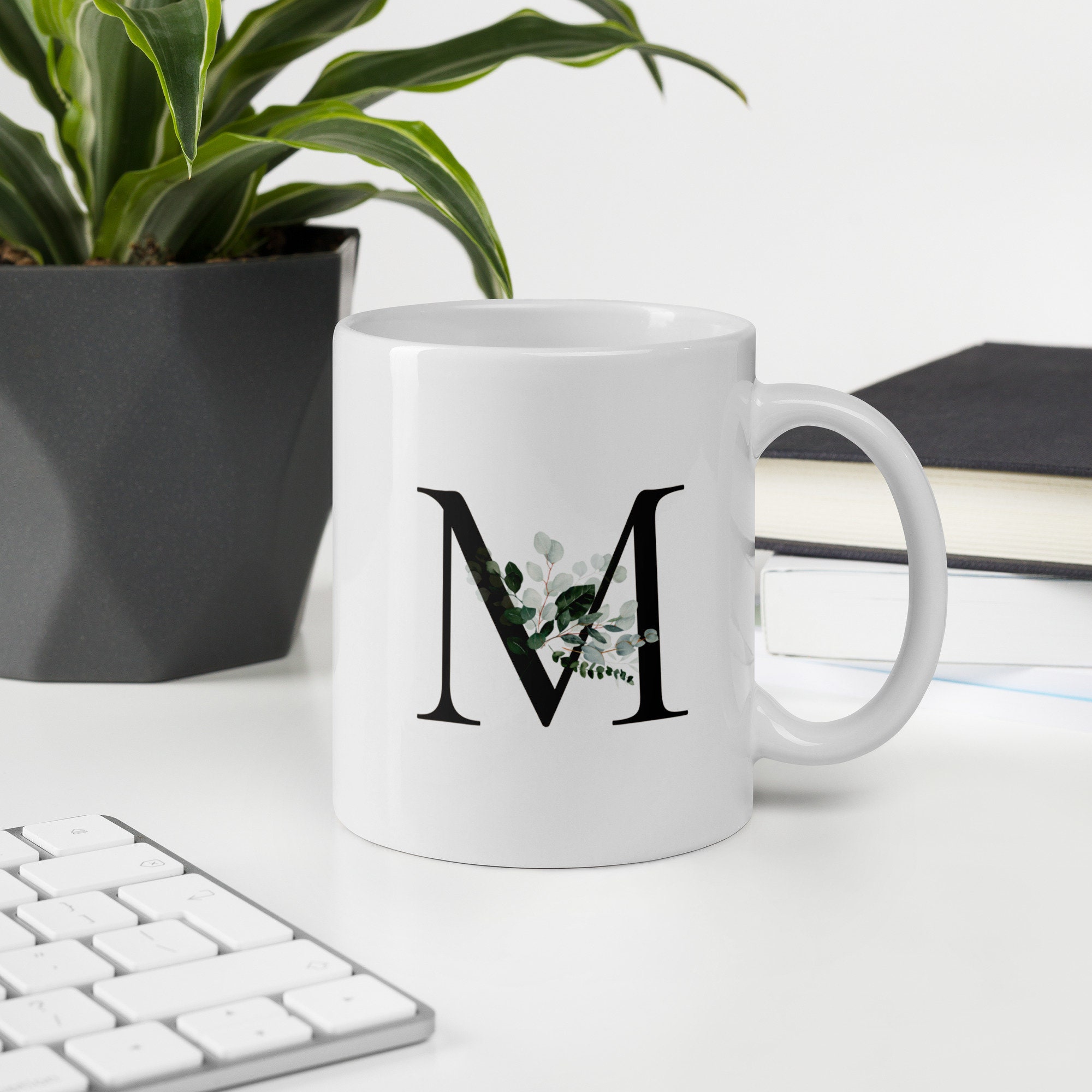 White Coffee Tea Mug With Floral Initial Letter "m" Personal Gift - Etsy