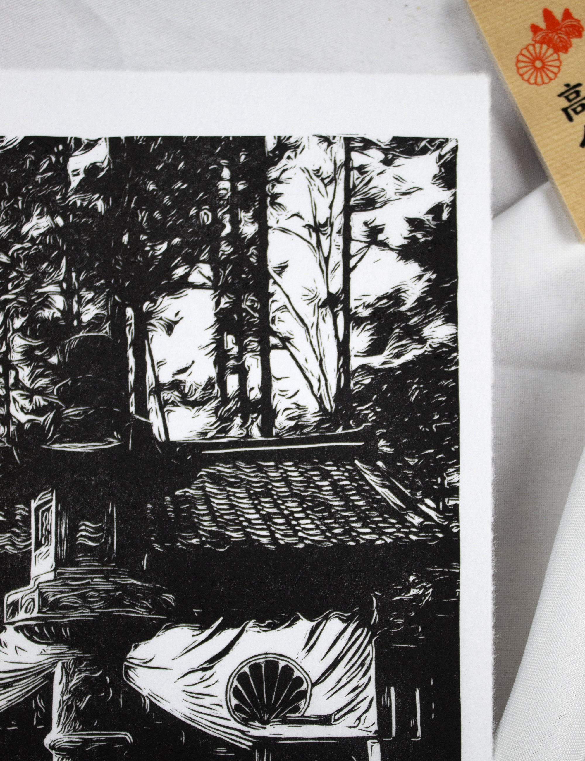 Japanese Handmade Linocut of Okunoin Mao-den Temple of Mount Kurama ...