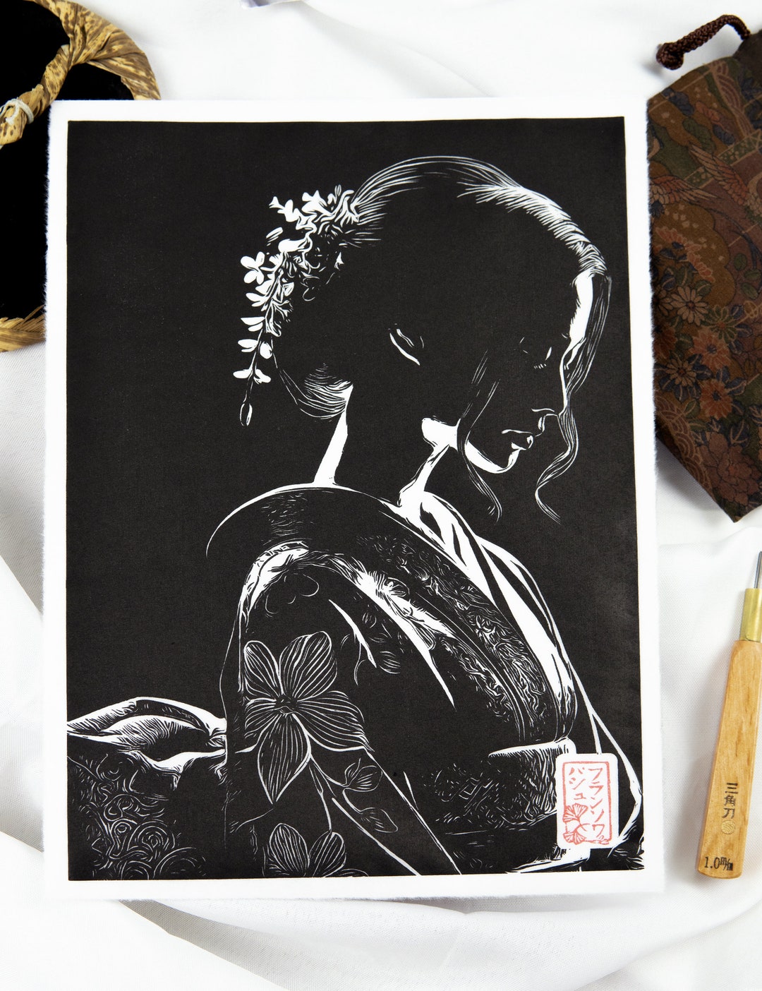 Japanese Woman Linocut Print in Kimono – Handmade A4 Japanese Art ...