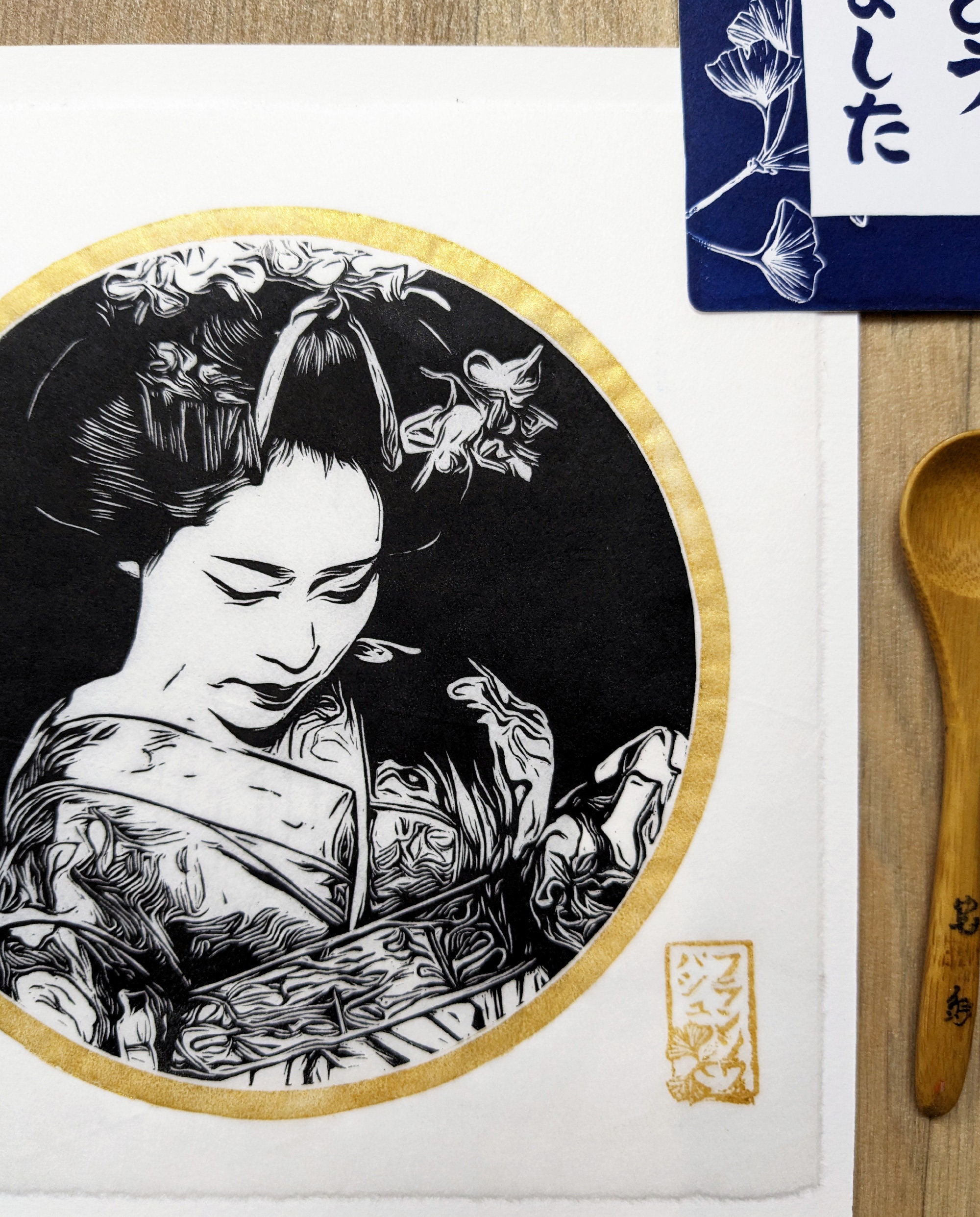 Japanese Handcrafted Linocut japanese Elegance of a Maiko in Kimono ...