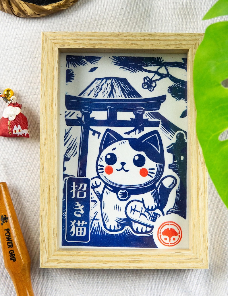 Maneki Neko Japanese – Linocut Lucky Cat Print Kawaii - Etsy
