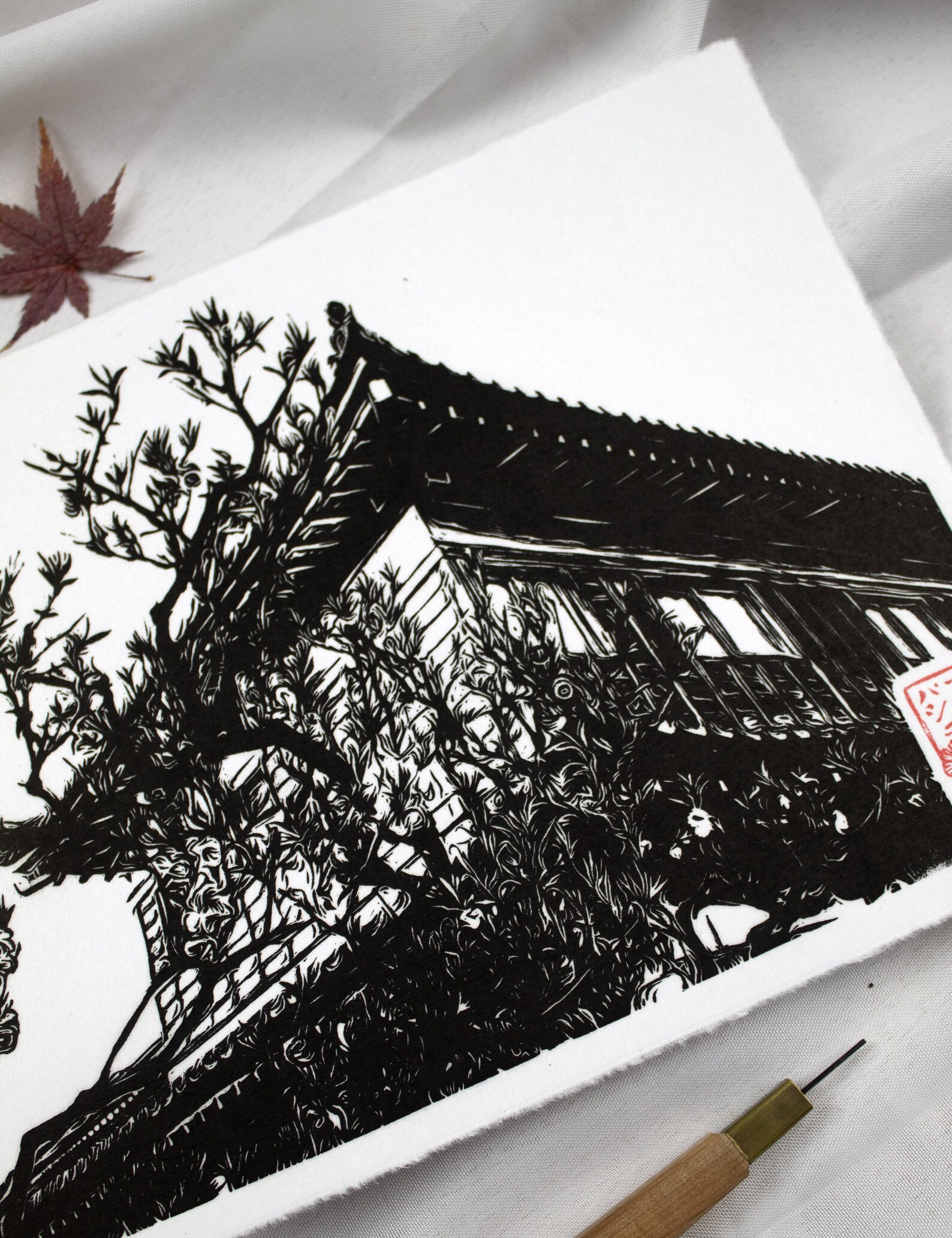 Japanese Handmade Linocut of a Ryokan in Miyajima - Engraved and ...