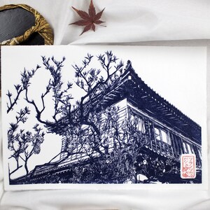 Japanese Handmade Linocut of a Ryokan in Miyajima - Engraved and ...