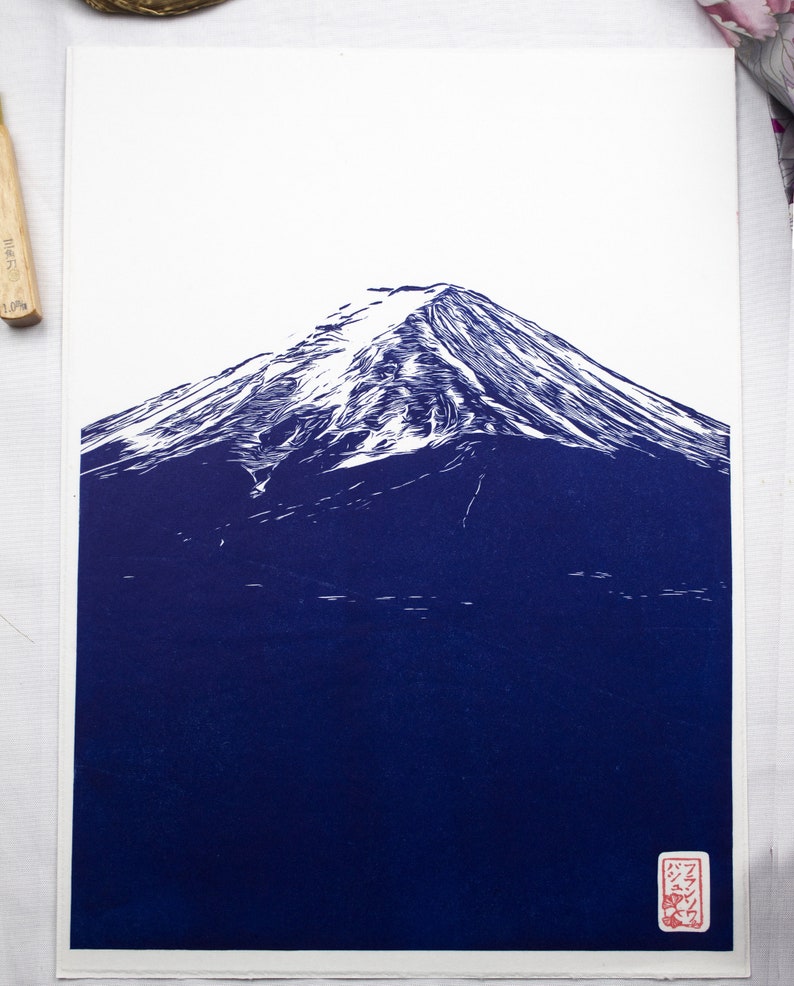 Mount Fuji in Japanese Linocut Minimalist Decoration in Blue Engraved ...