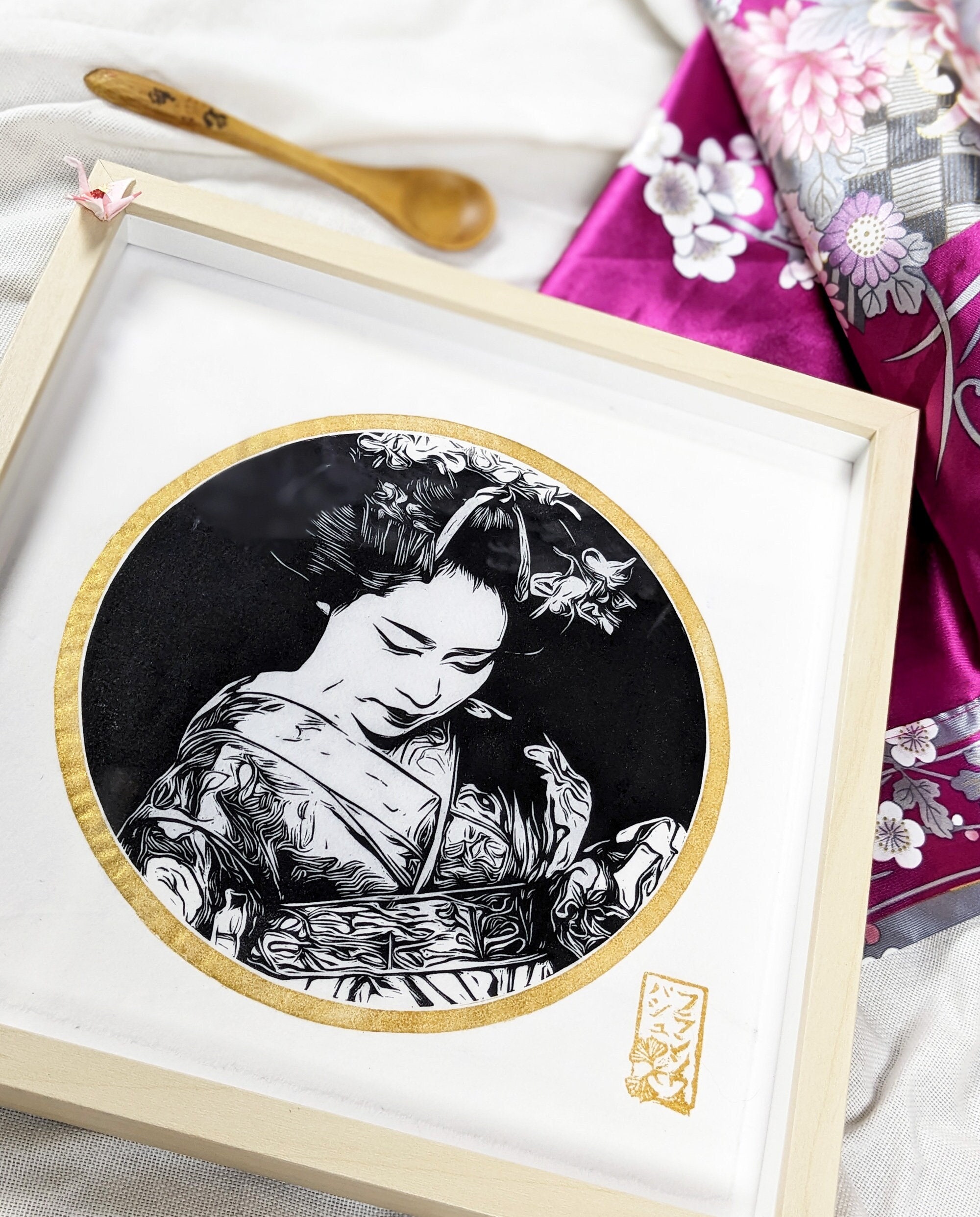 Japanese Handcrafted Linocut japanese Elegance of a Maiko in Kimono ...