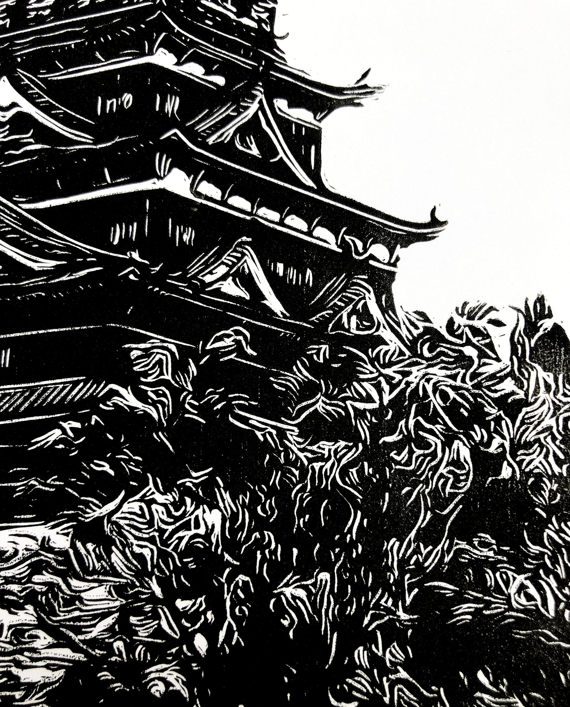 Handmade Japanese Linocut of Hiroshima Castle Engraved and Printed by ...