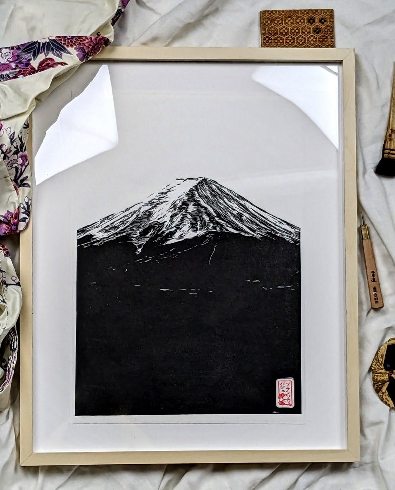 Mount Fuji in Japanese Linocut Minimalist Decoration in Blue Engraved ...