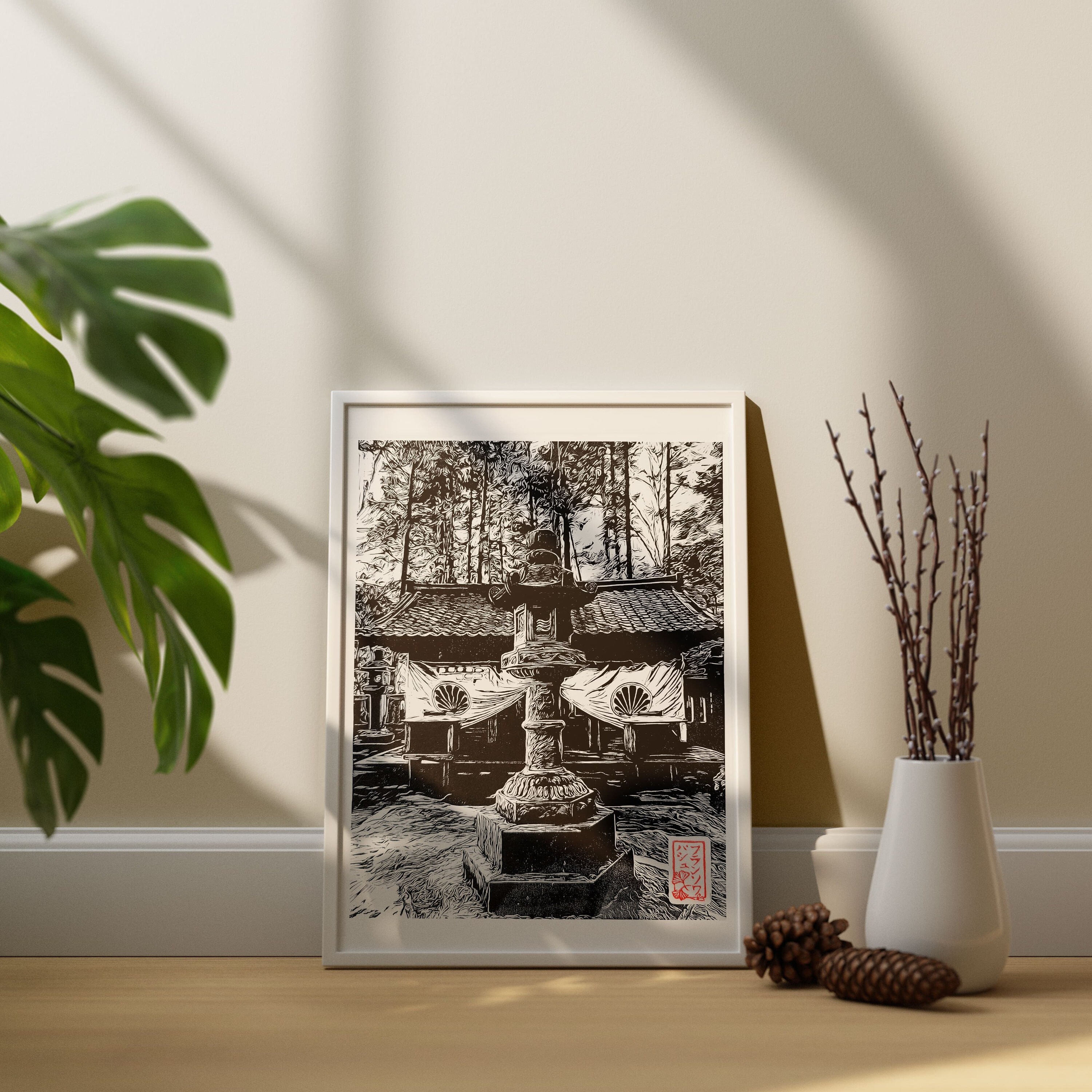 Japanese Handmade Linocut of Okunoin Mao-den Temple of Mount Kurama ...