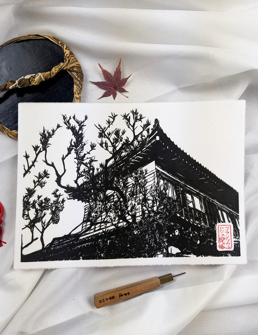 Japanese Handmade Linocut of a Ryokan in Miyajima - Engraved and ...