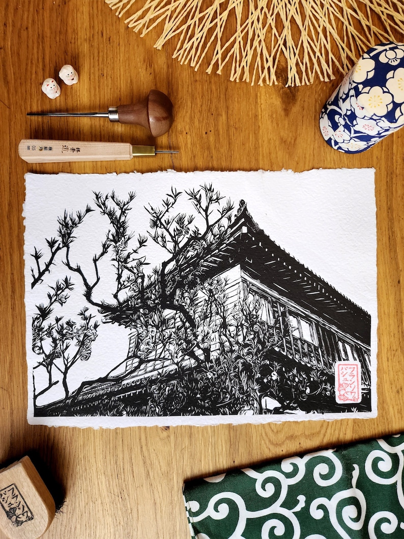 Japanese Handmade Linocut of a Ryokan in Miyajima Engraved and Printed ...