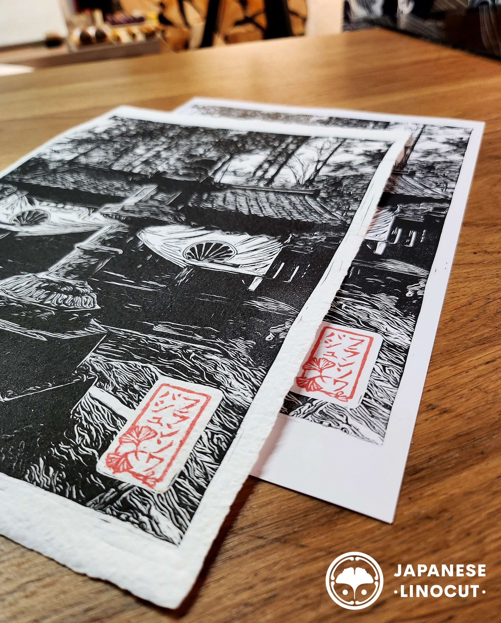 Japanese Handmade Linocut of Okunoin Mao-den Temple of Mount Kurama ...