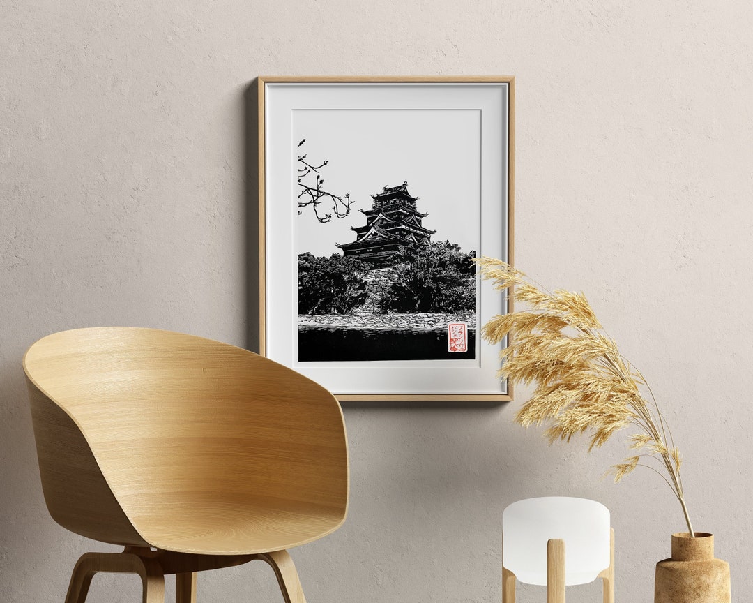 Handmade Japanese Linocut of Hiroshima Castle Engraved and Printed by ...